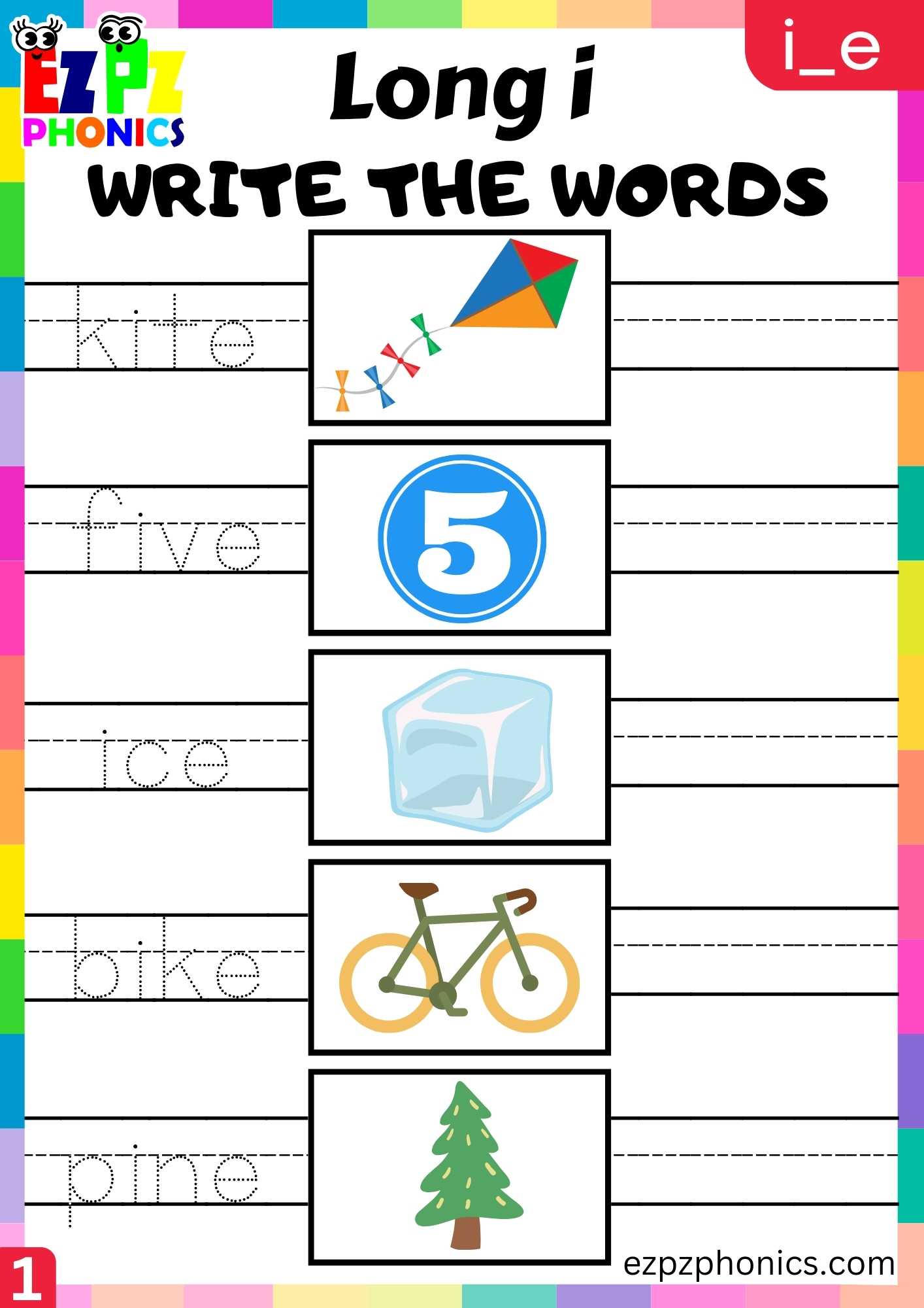Group1 I_E Words Write The Words Long I Phonics Worksheet - ezpzphonics.com